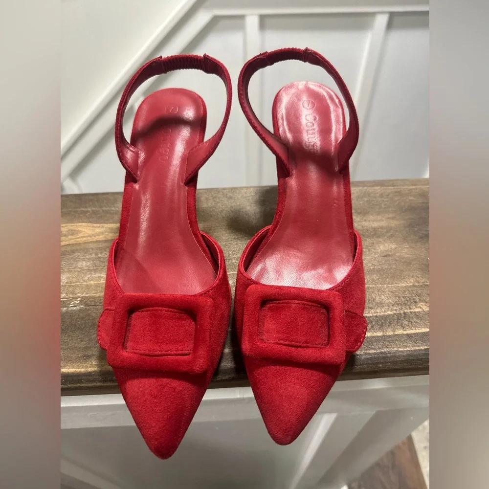 Coutgo | Shoes | Red Pointed Slingback Heels With Decorative Buckle ...